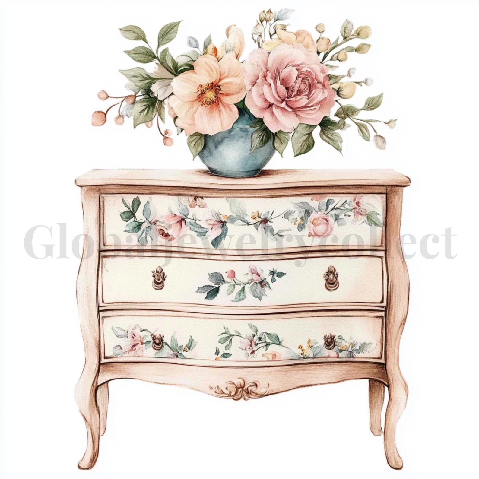 Vintage Floral Commode Clipart, Shabby Chic, Printable Watercolor ...