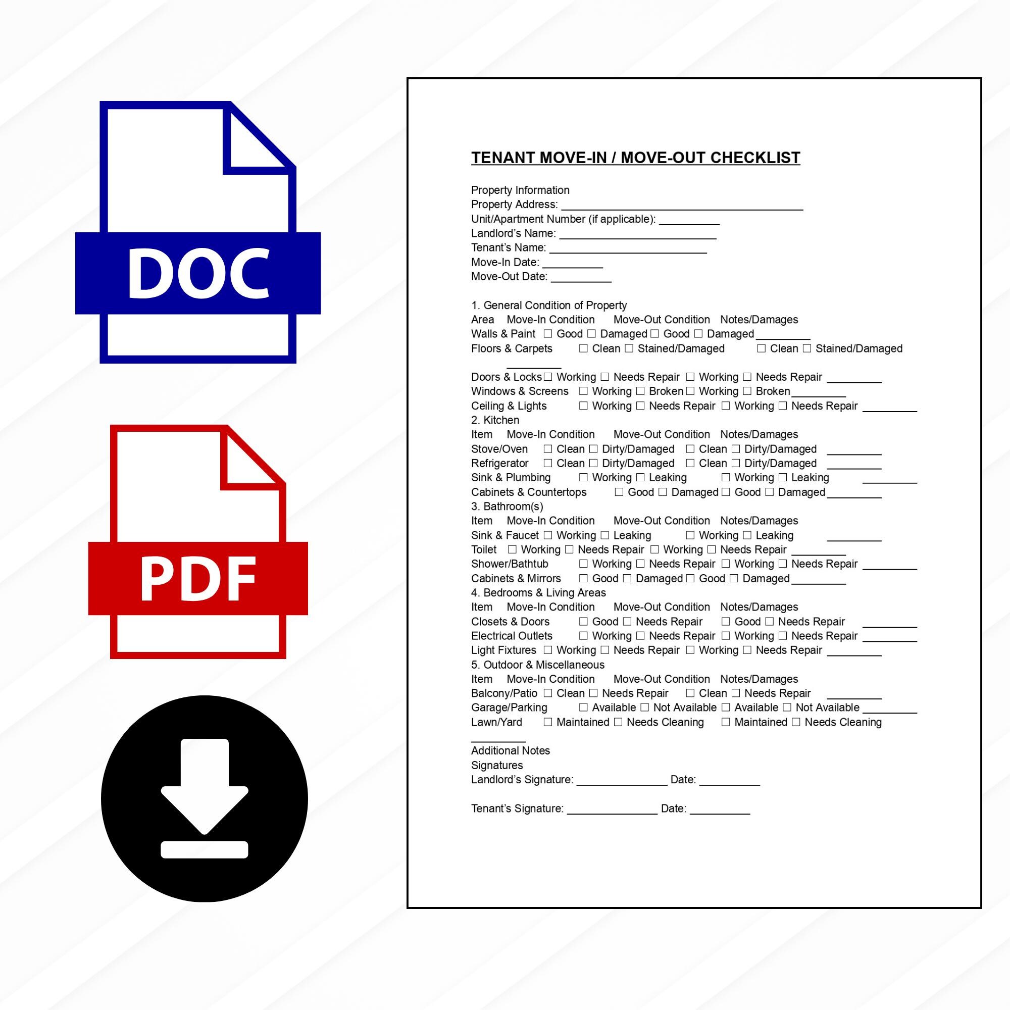 Tenant Move-in / Move-out Checklist Template | Rental Property ...