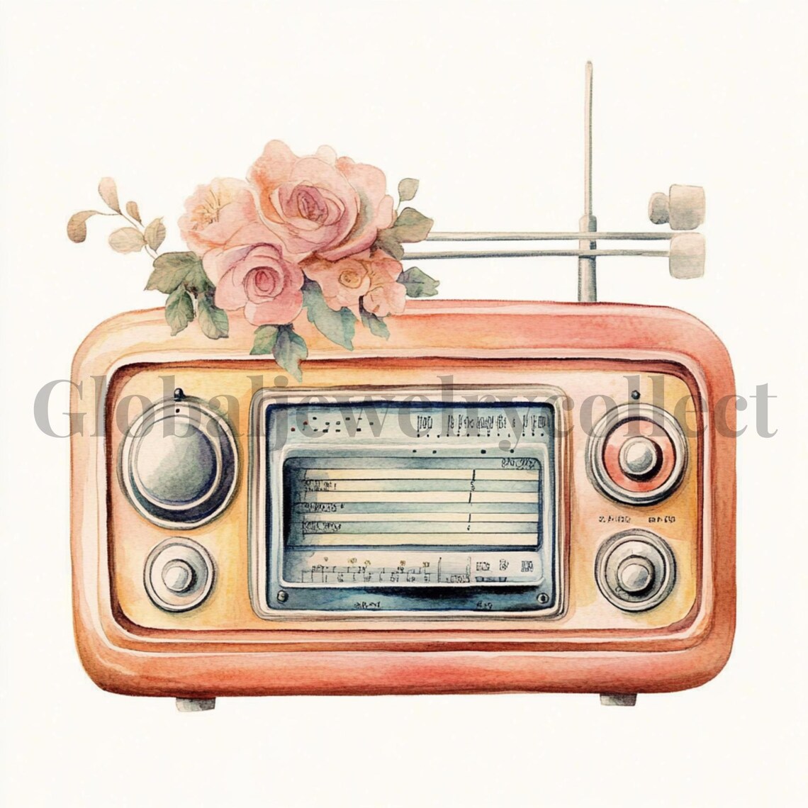 Floral Radio Set Clipart, Vintage Radio, Printable Watercolor Clipart ...