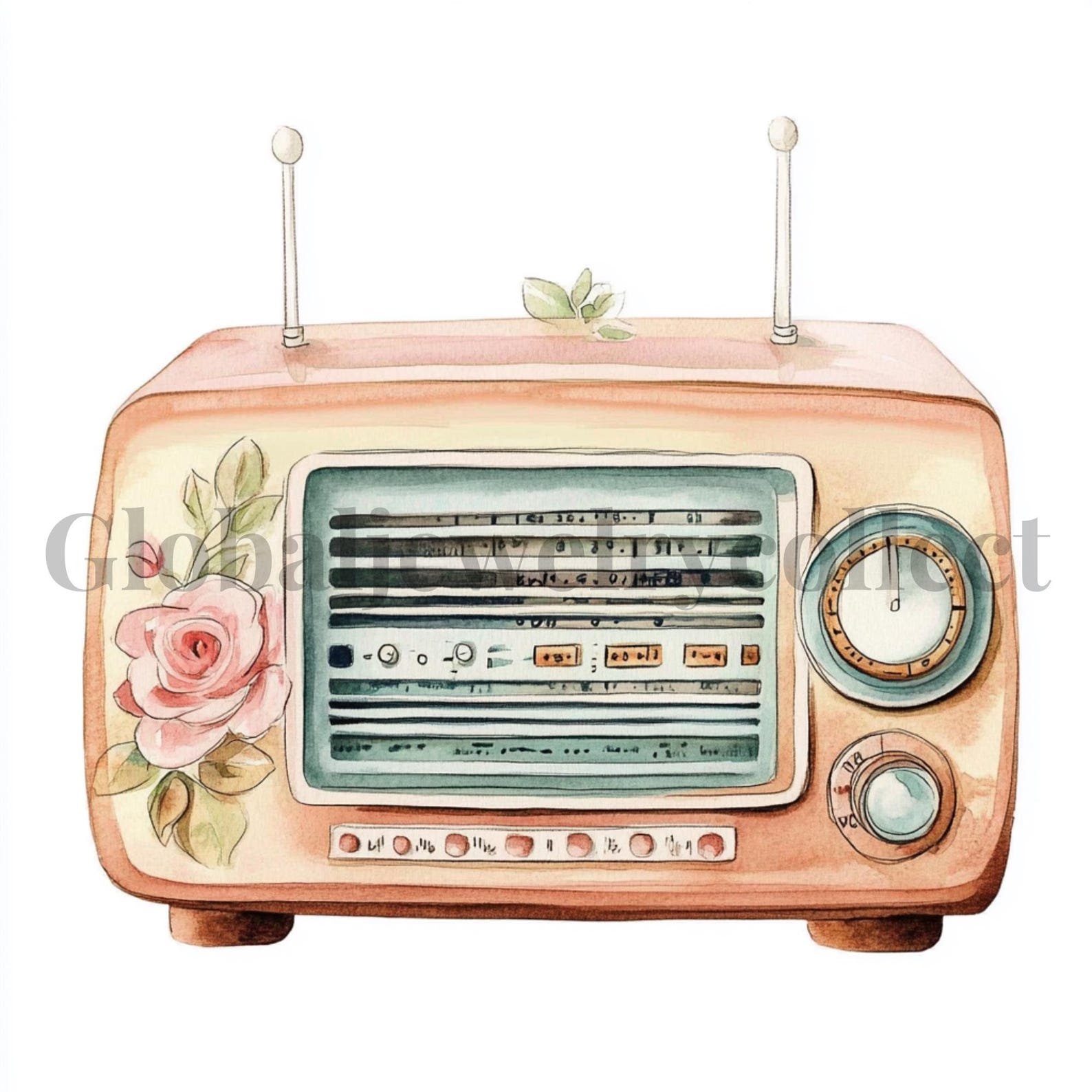Floral Radio Set Clipart, Vintage Radio, Printable Watercolor Clipart ...