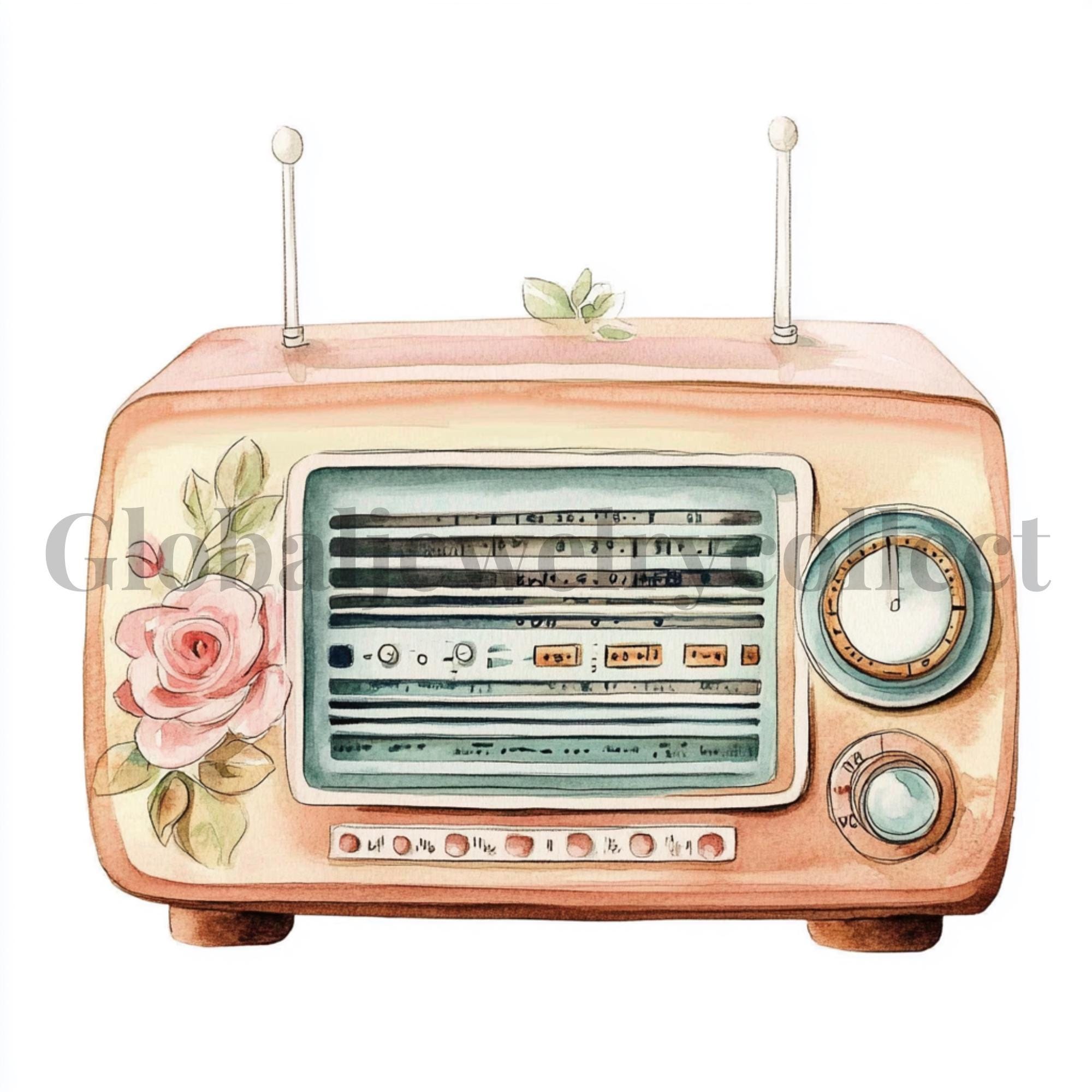 Floral Radio Set Clipart, Vintage Radio, Printable Watercolor Clipart ...