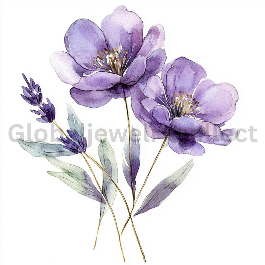 Purple Flowers Clipart, Purple Floral Print, Printable Watercolor ...