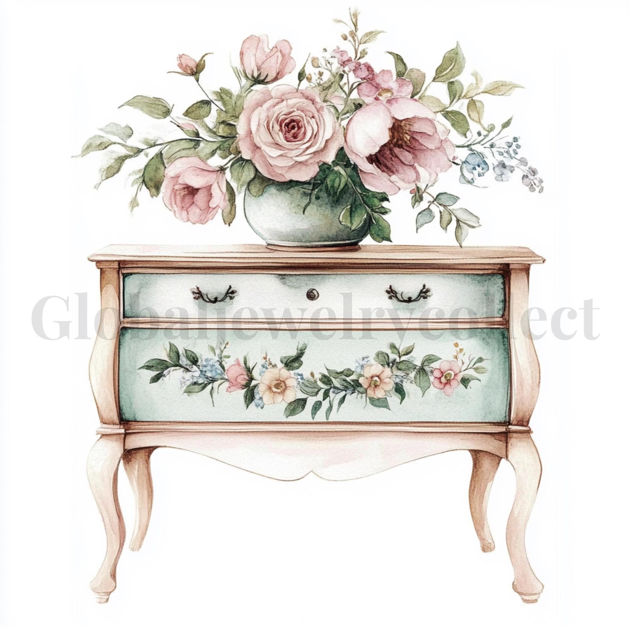 Vintage Floral Commode Clipart, Shabby Chic, Printable Watercolor ...