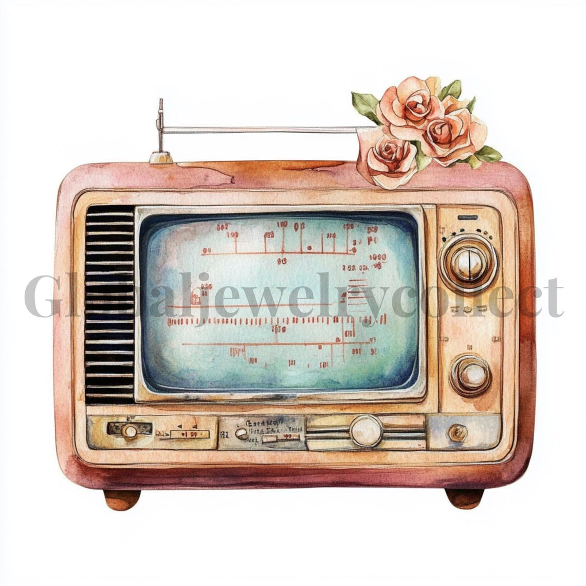 Floral Radio Set Clipart, Vintage Radio, Printable Watercolor Clipart ...