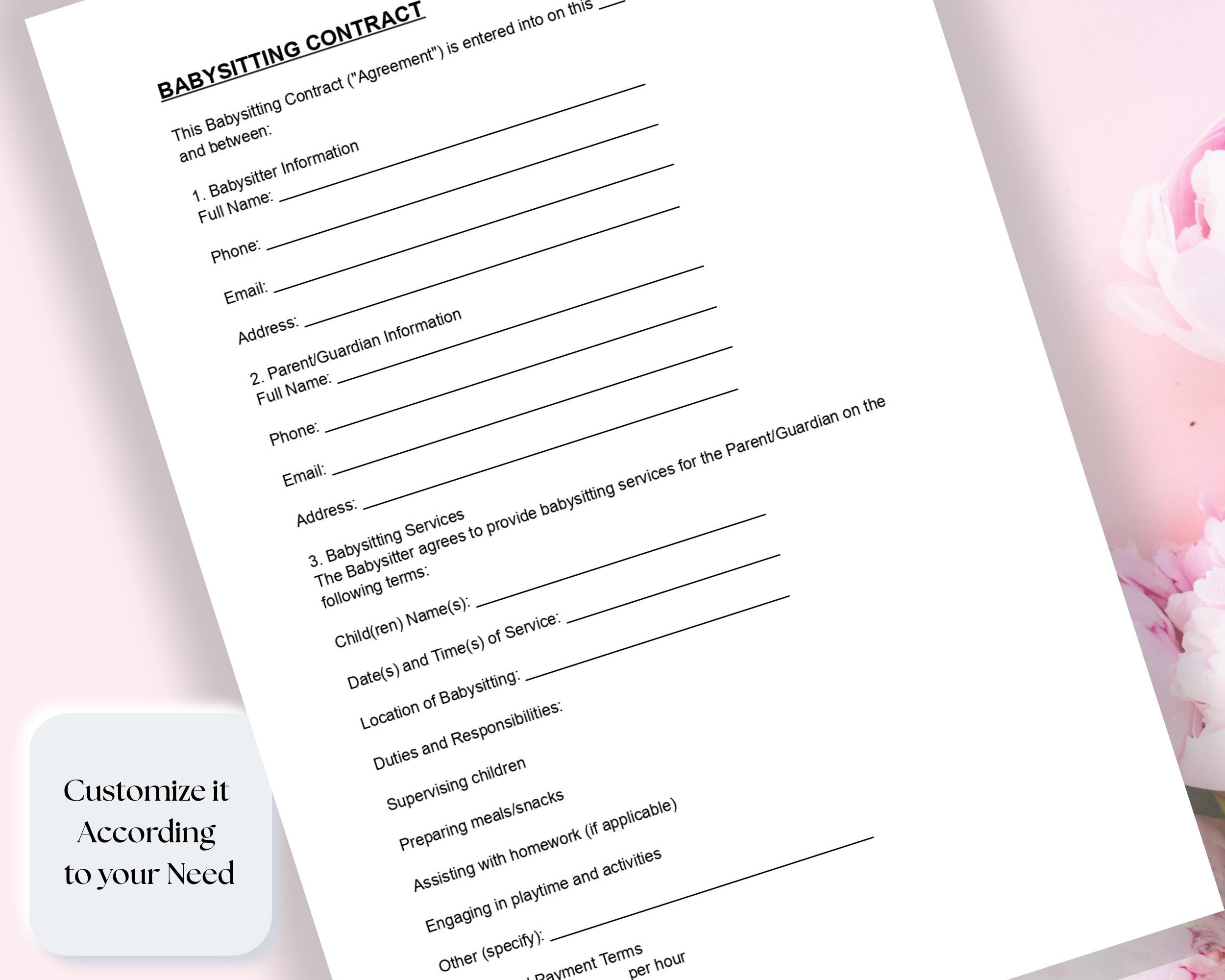 Babysitting Contract Template | Childcare Services Agreement | Editable ...