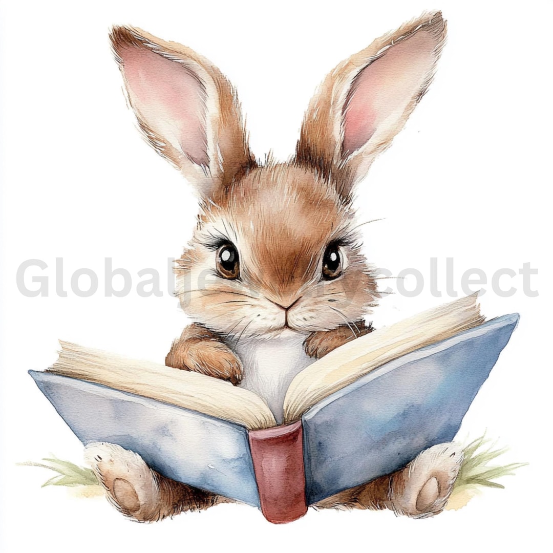 Bunny Reading Book Clipart, Bunny Clipart, Printable Watercolor Clipart ...
