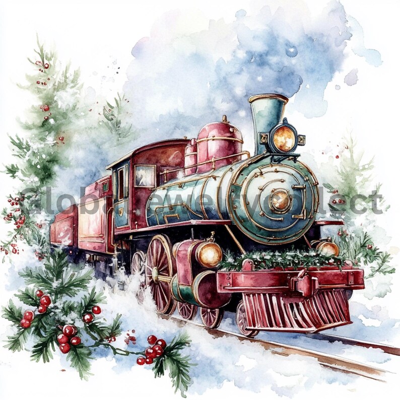 Floral Christmas Train Clipart, Printable Watercolor Clipart, High ...