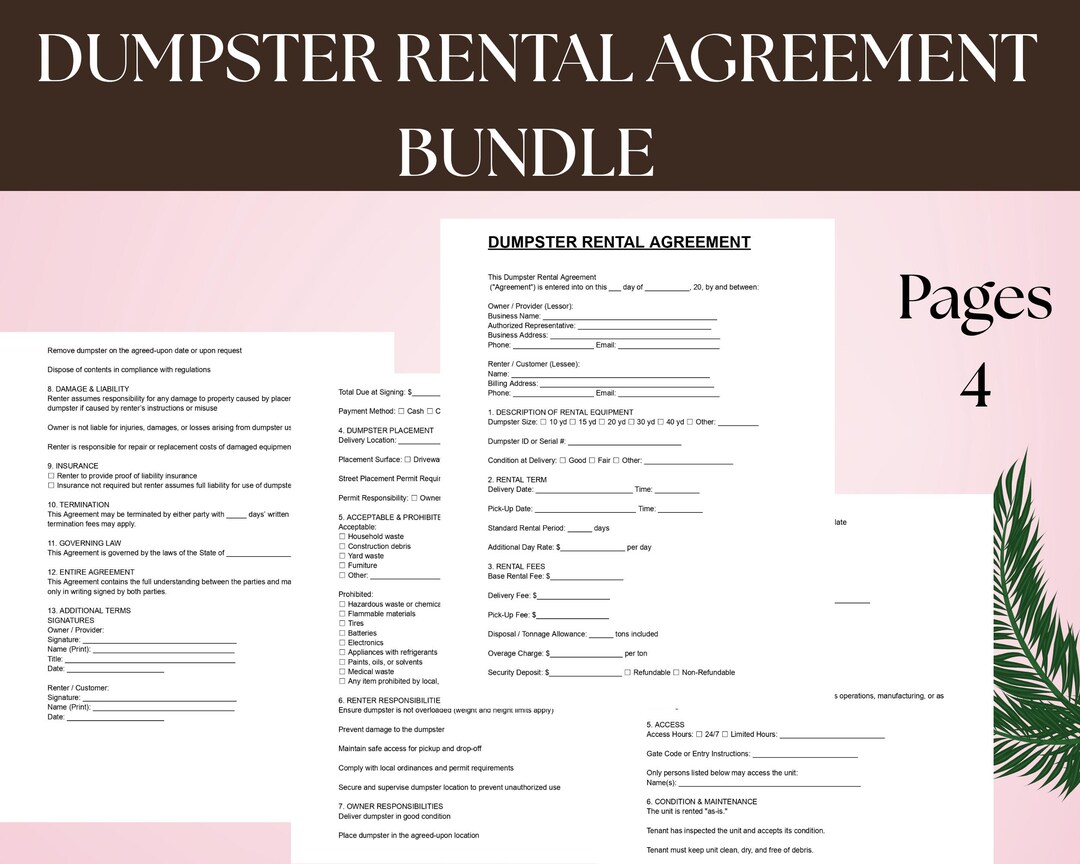 Dumpster Rental Agreement Template Bundle – Editable DOC & PDF | Waste ...