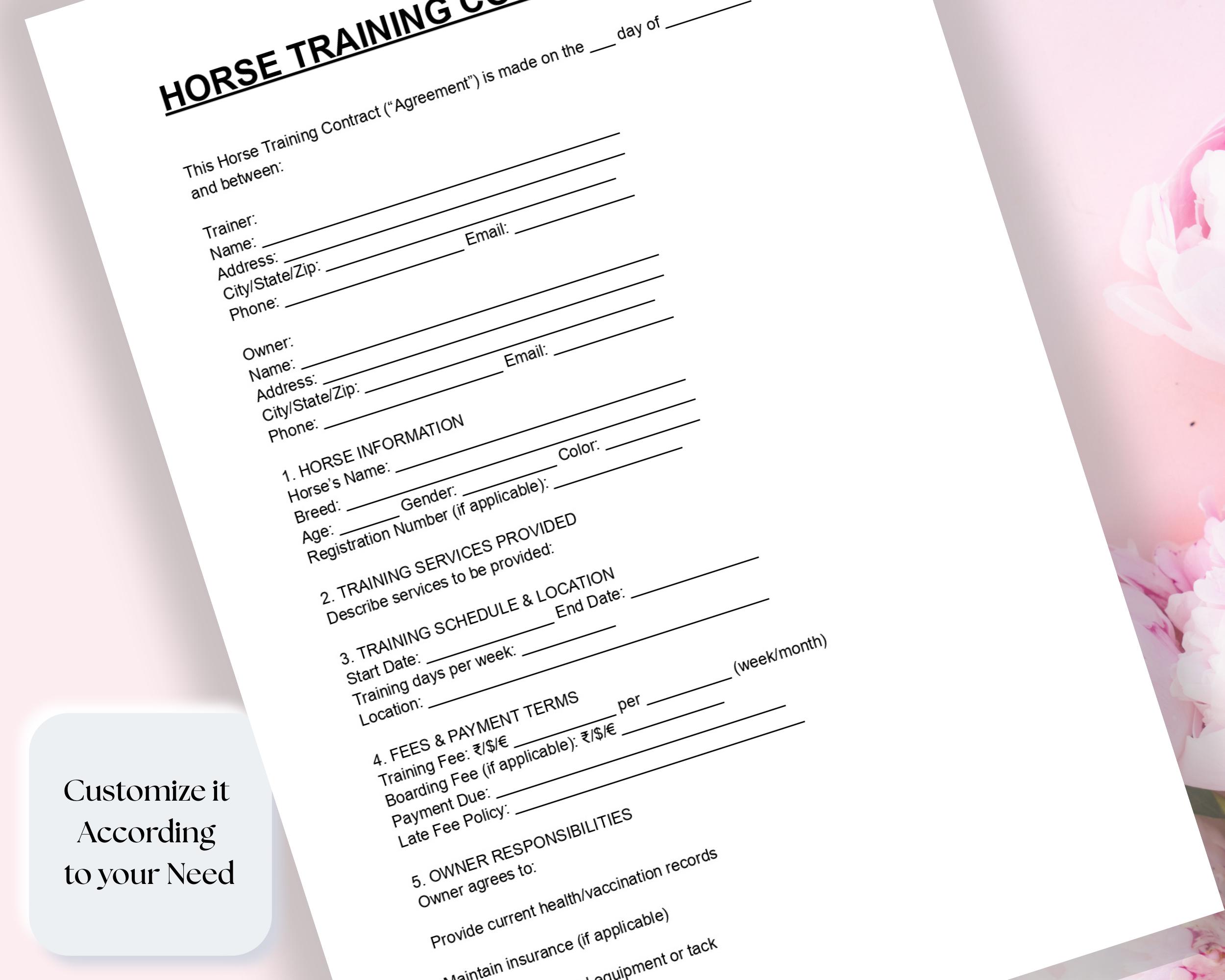 Horse Training Contract Template | Editable DOC & PDF | Equine Trainer ...