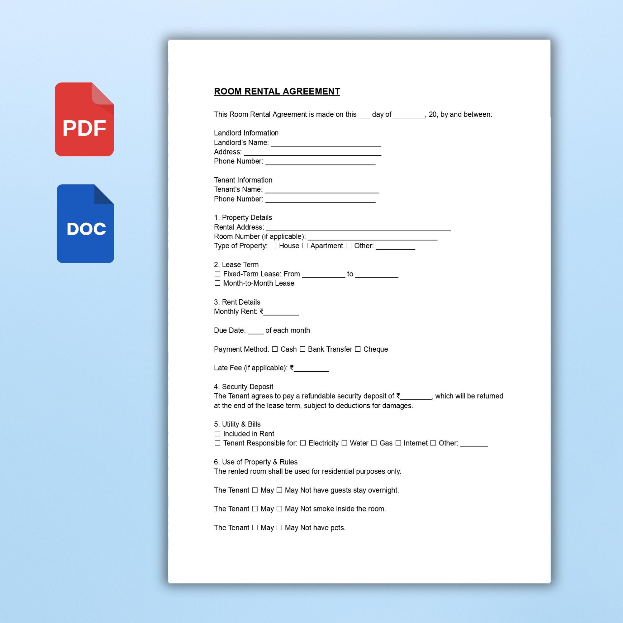 Room Rental Agreement | Lease Agreement for Rent | Roommate Rental ...