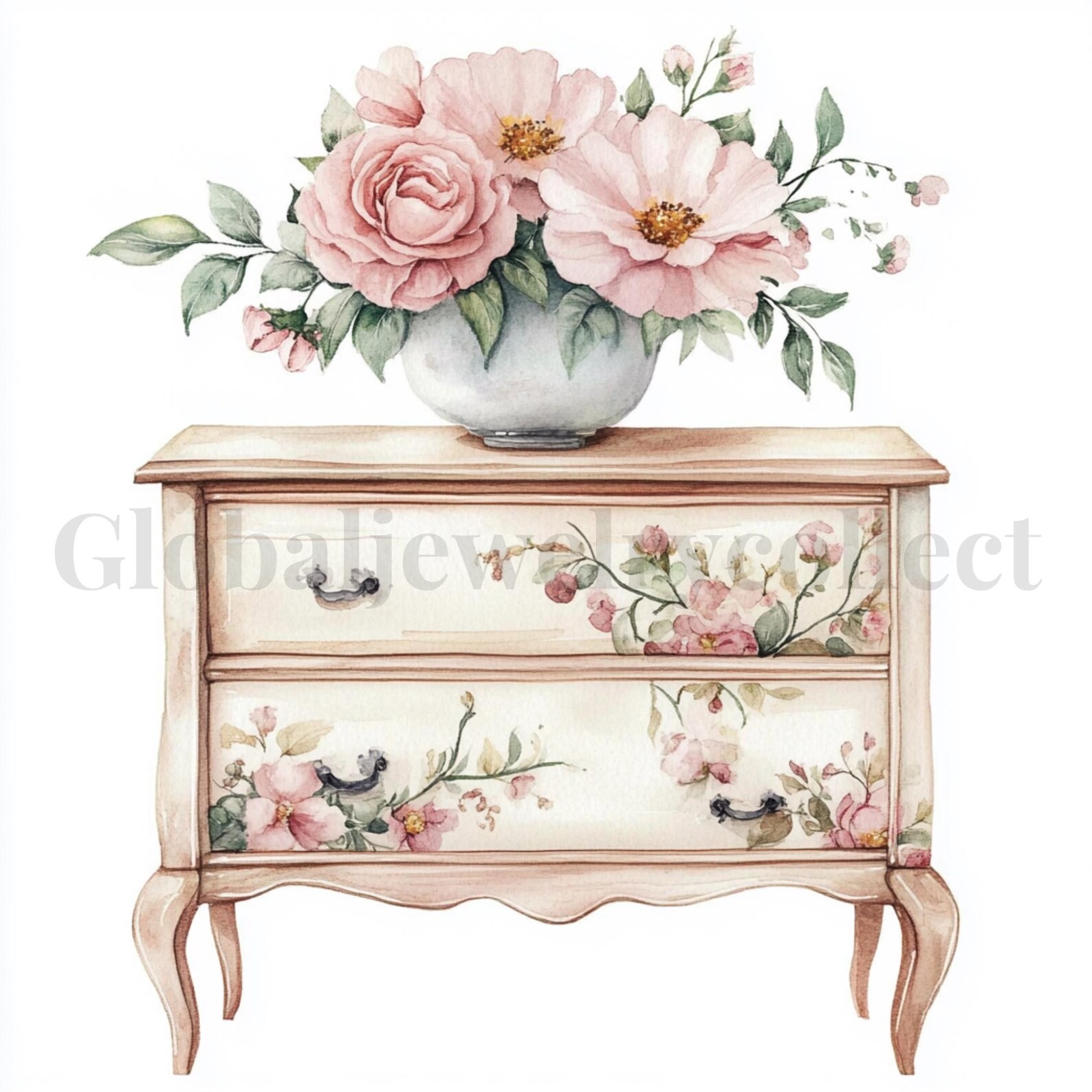 Vintage Floral Commode Clipart, Shabby Chic, Printable Watercolor ...