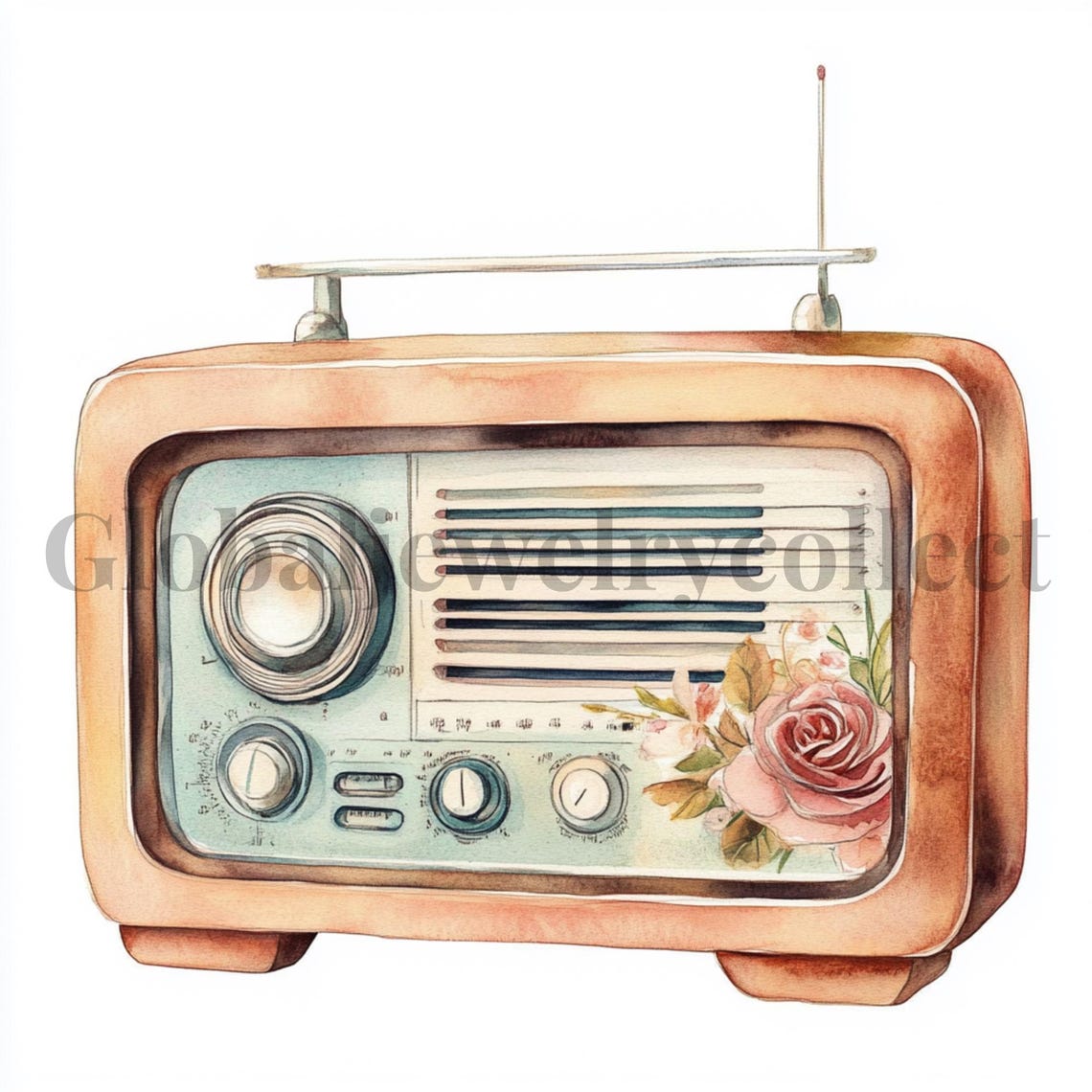 Floral Radio Set Clipart, Vintage Radio, Printable Watercolor Clipart ...
