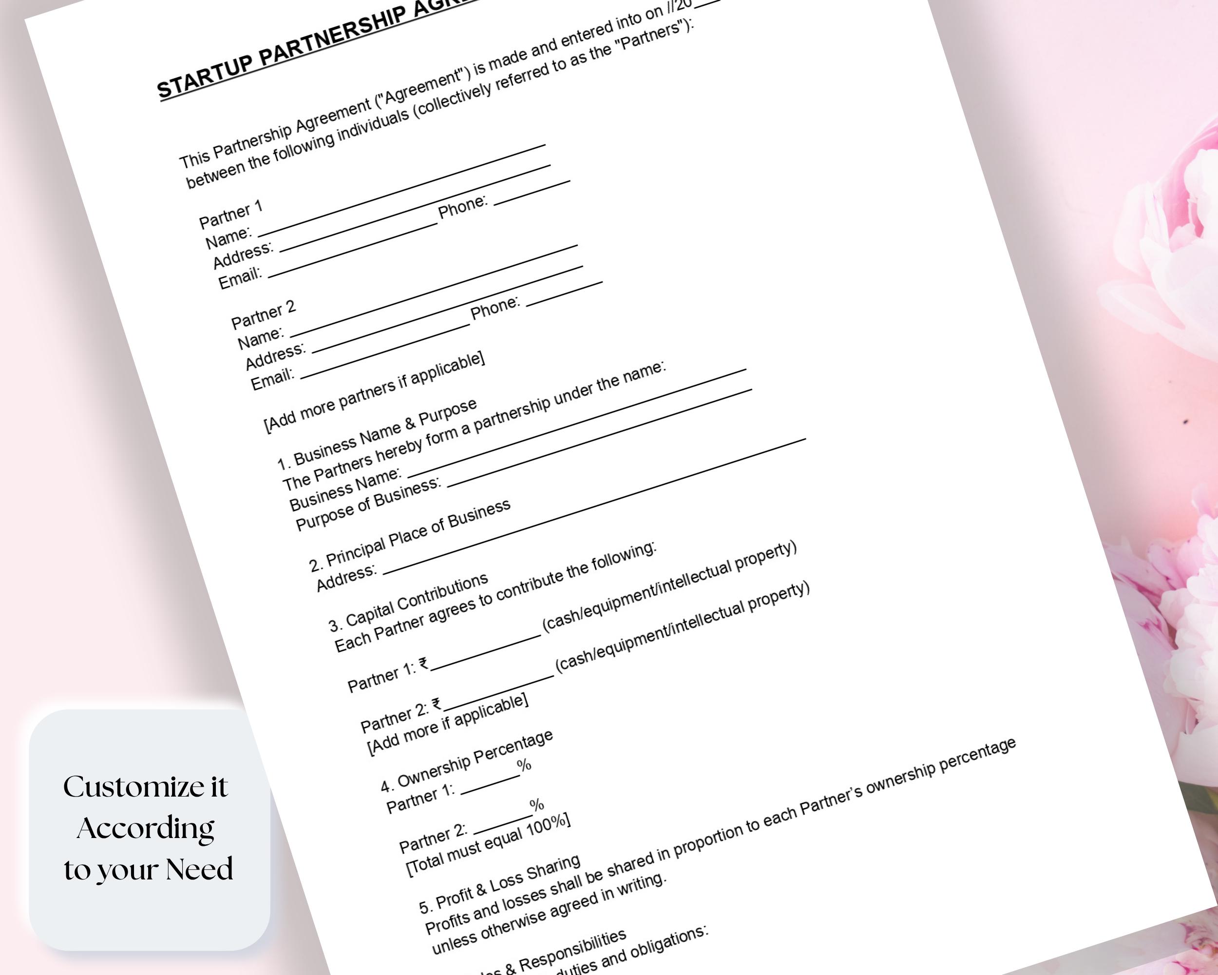 Startup Partnership Agreement Template Founders Agreement Editable DOC ...