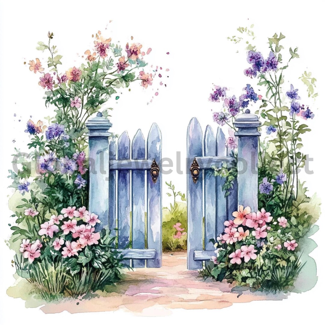 Floral Garden Gates Clipart, Flower Gates, Printable Watercolor Clipart ...