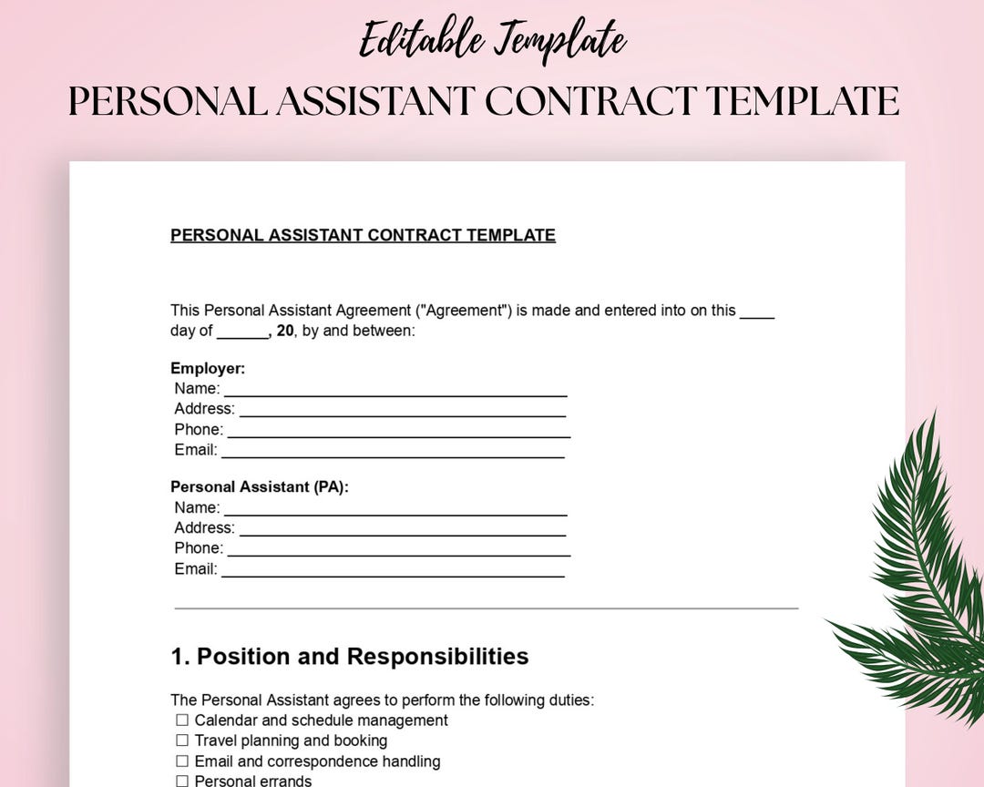 Personal Assistant Contract Template: Editable PA Employment Agreement ...