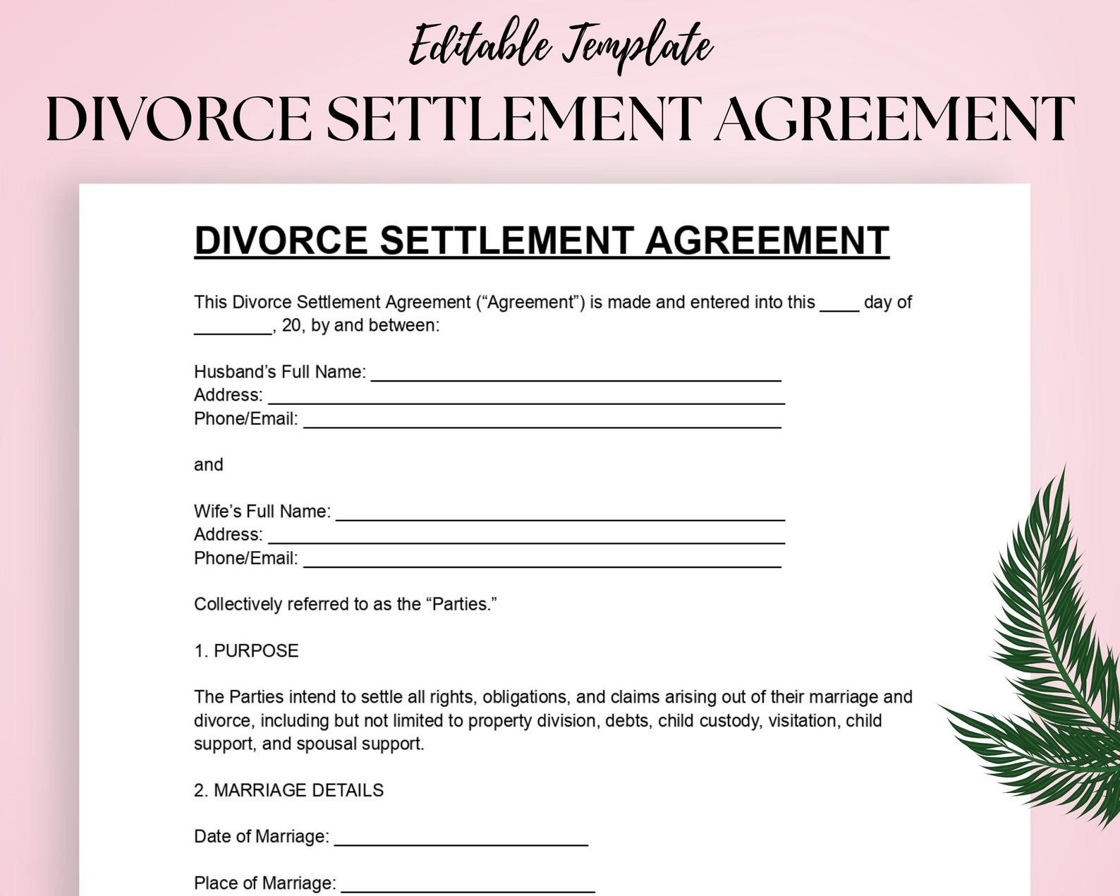 Divorce Settlement Agreement Template: Editable DOC & PDF - Etsy