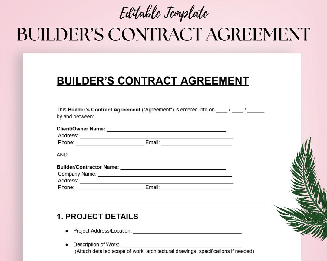 Builder's Contract Agreement Template: Editable DOC & PDF (instant ...