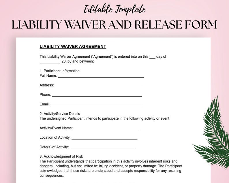 Liability Waiver Agreement DOC PDF | Release of Responsibility Form - Etsy