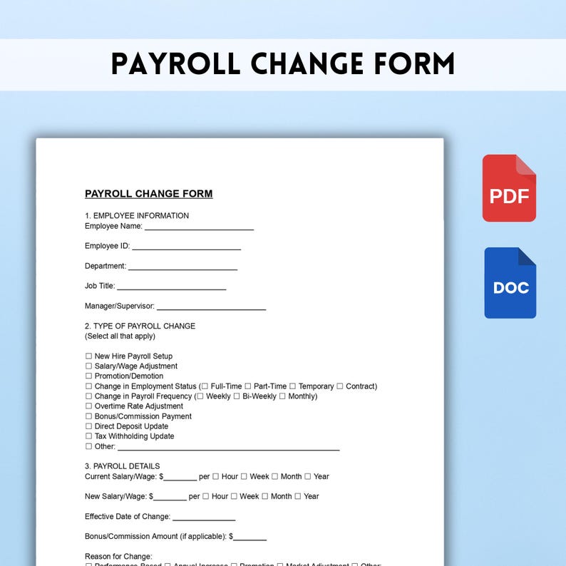 Payroll Change Form Template | Employee Pay Adjustment & Update Form ...