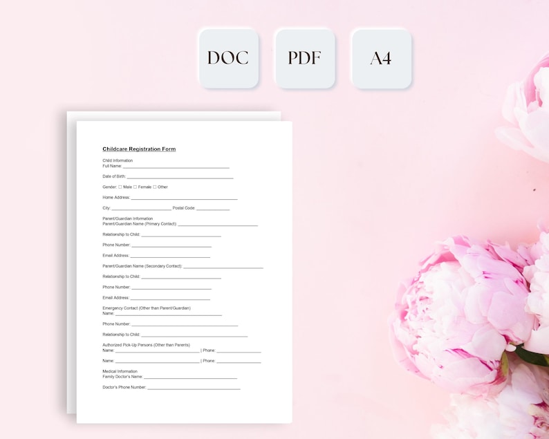 Editable Childcare Registration Form: DOC & PDF Template - Etsy