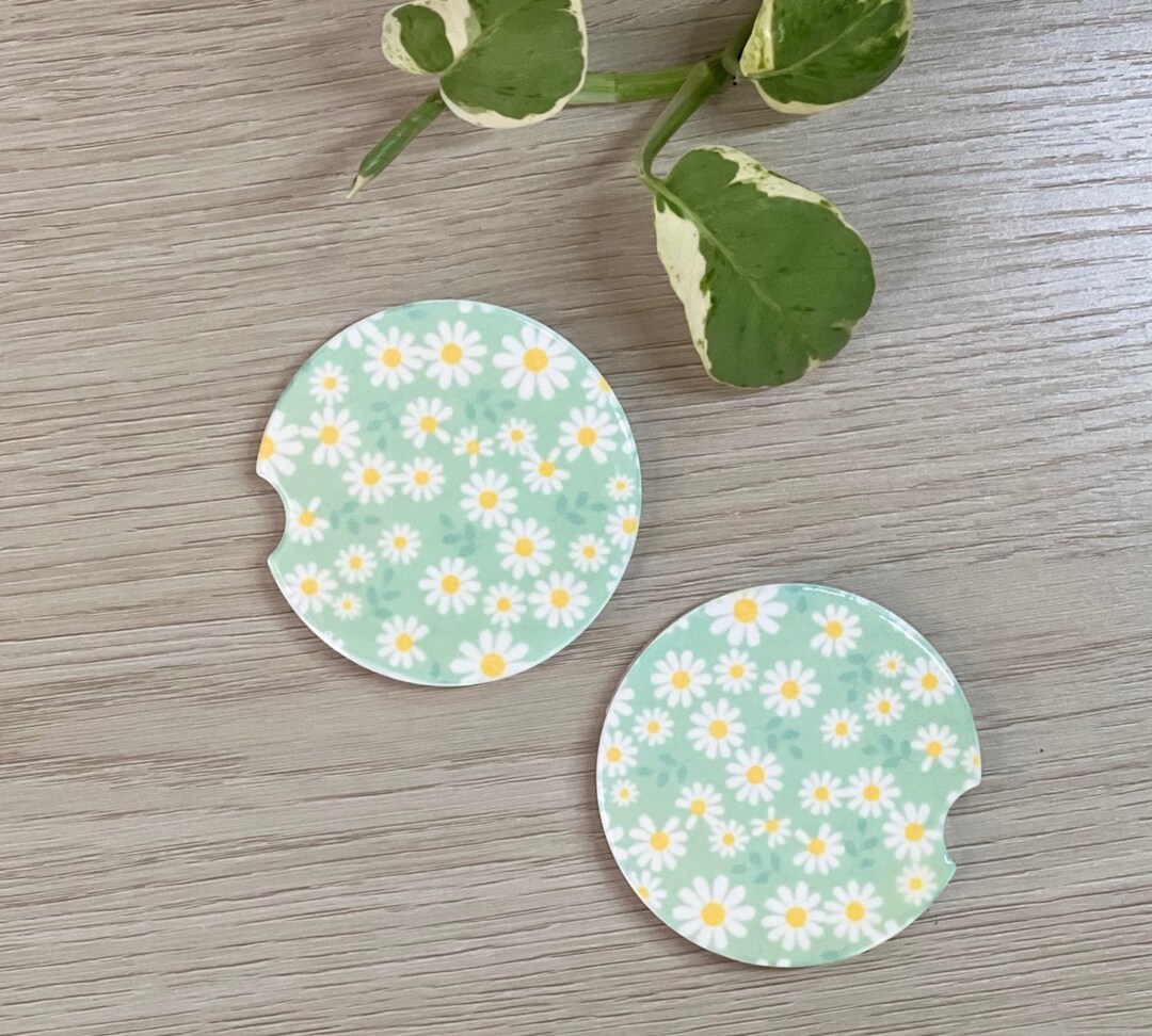 Green Daisy Car Coaster, Cute Flower Car Coasters, Car Accessories ...