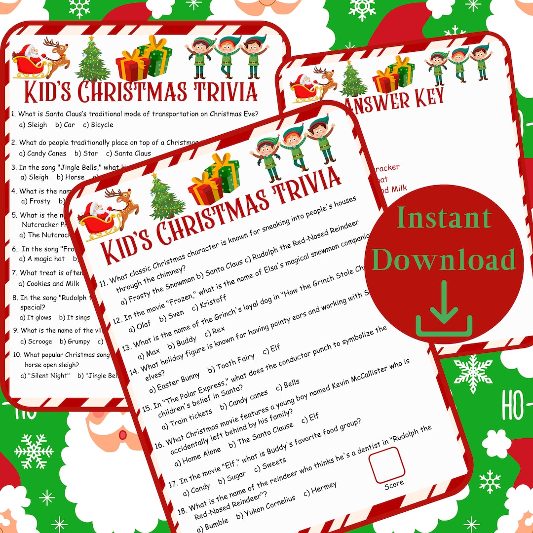 Kid's Christmas Trivia Digital Download,kid's Holiday Trivia,children's ...