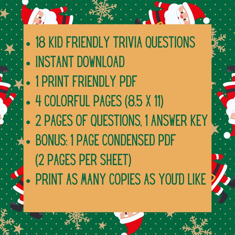 Kid's Christmas Trivia Digital Download,kid's Holiday Trivia,children's ...