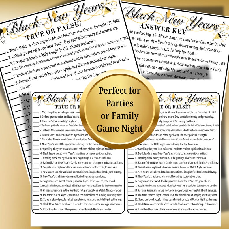 Black New Year Trivia Game, Printable New Year Games, New Year's Eve ...
