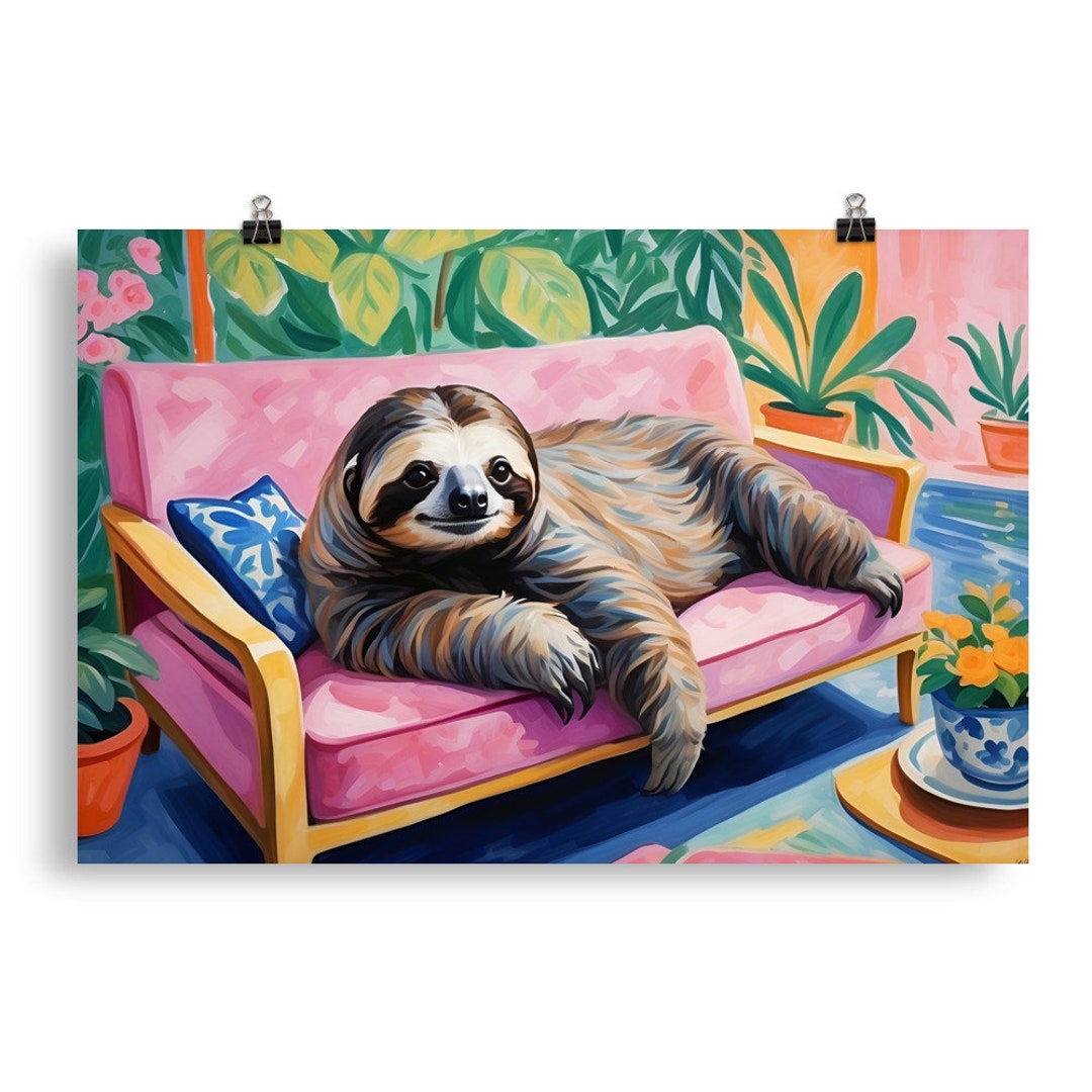 Sloth Living Room Poster, Above Sofa, Maximalist, Colorful, Water Color ...