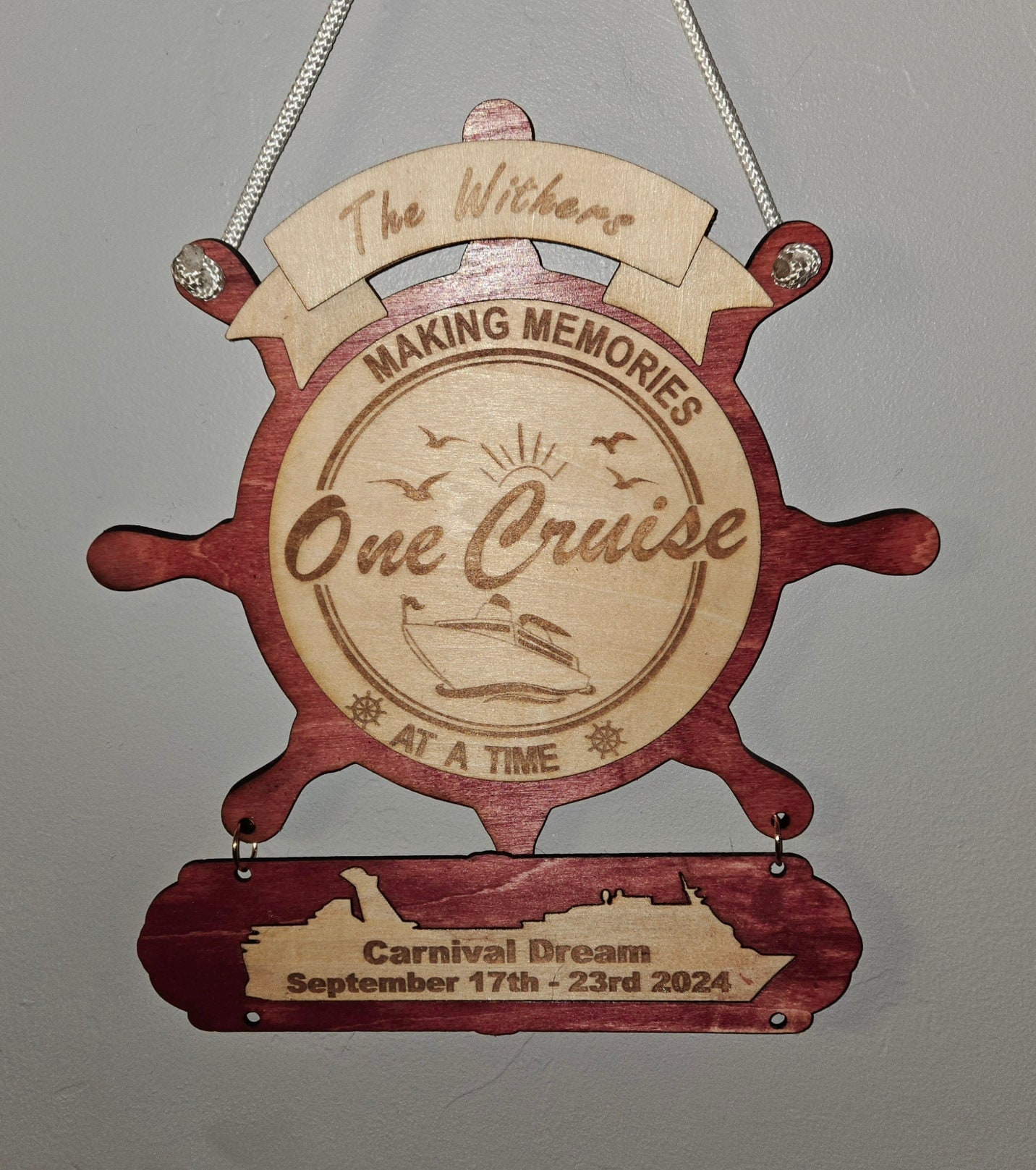 Cruise Door Sign With Ships Wheel With Custom Ship Inlayed Silhouette ...