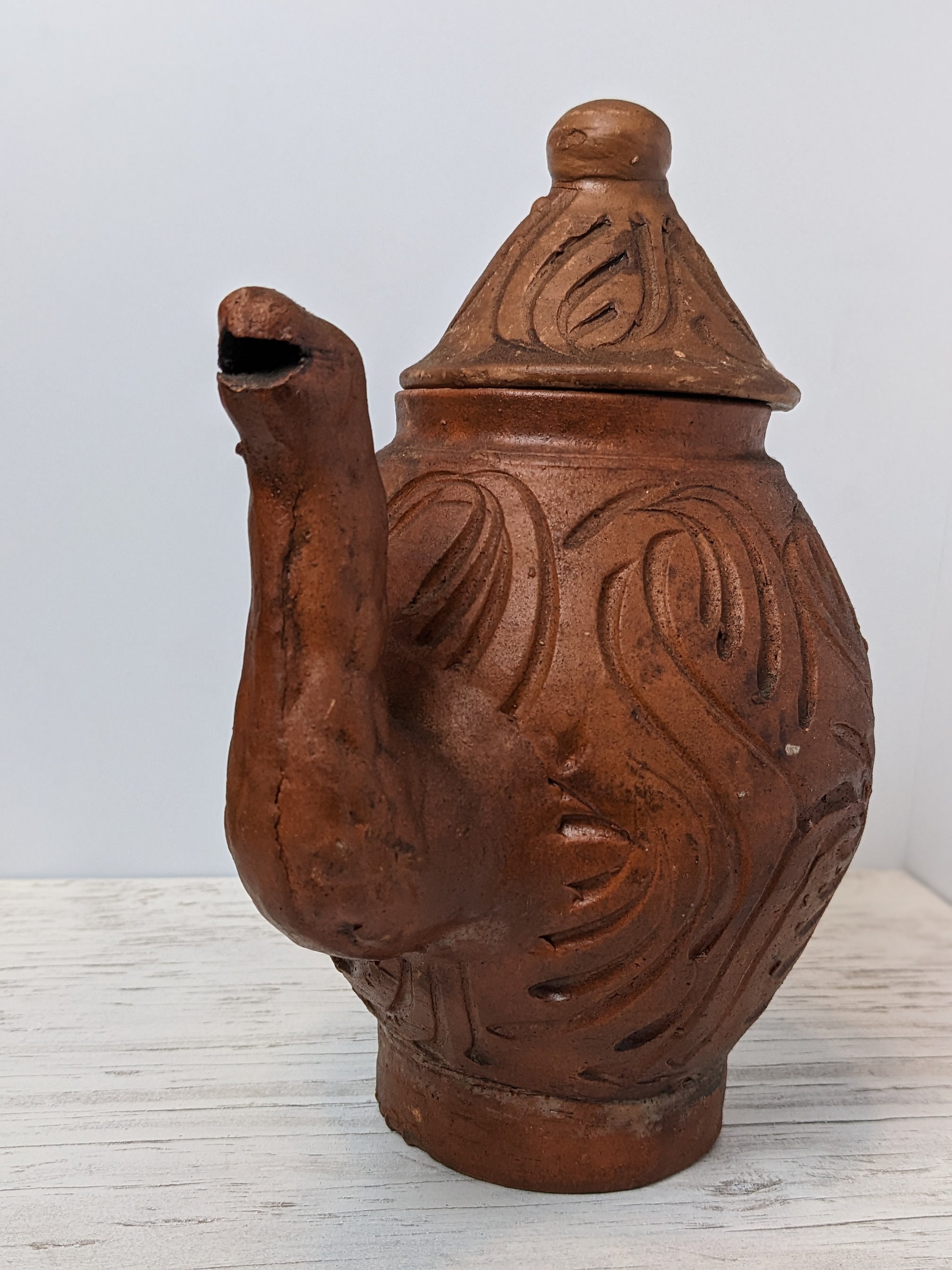 Rare Vintage Handmade Clay Teapot: Unique Elephant Spout, 9" Tall - Etsy