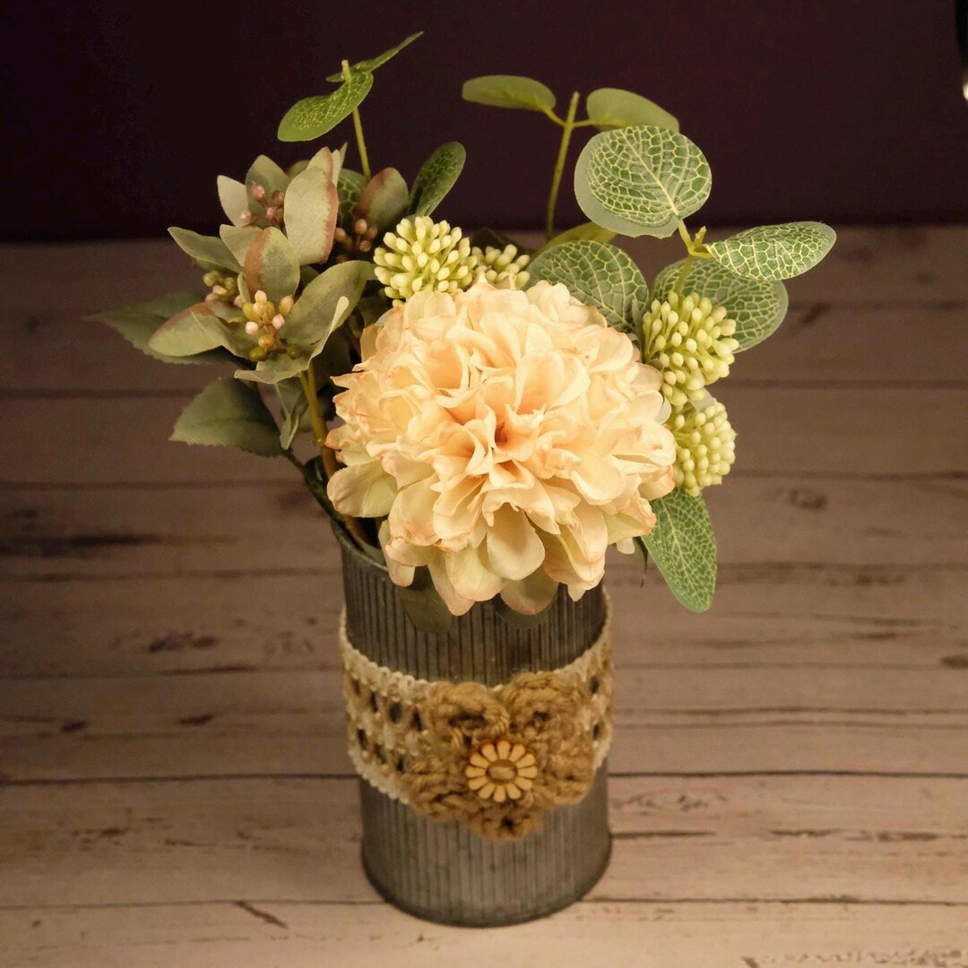 Rustic, Farmhouse Flower Arrangement, Small Centerpiece With Hand Knit ...