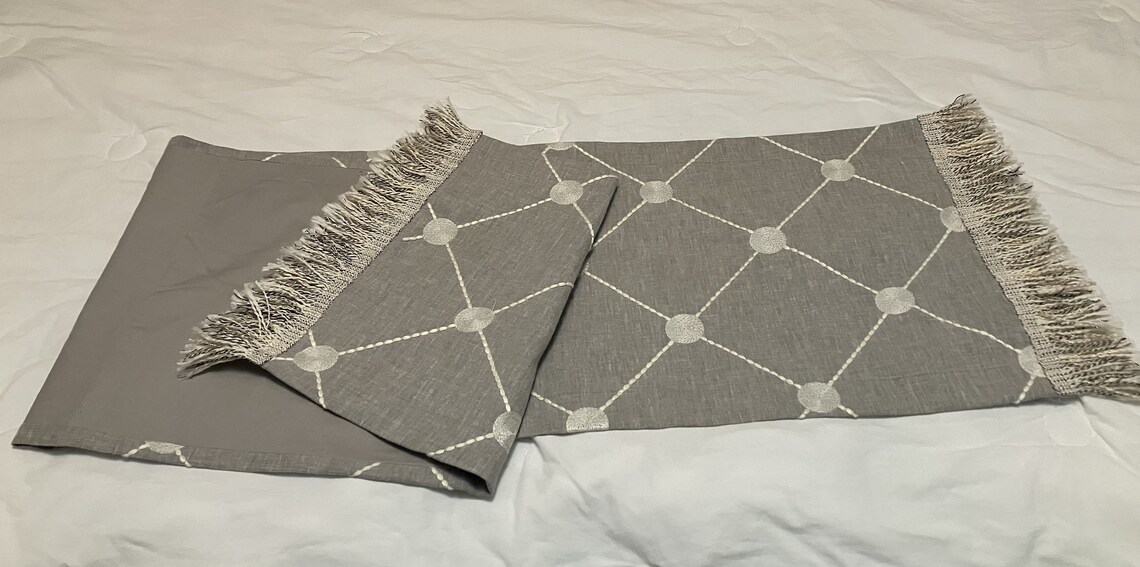 Grey Linen Table Runner, Grey and Cream Table Runner, Fringed Table ...