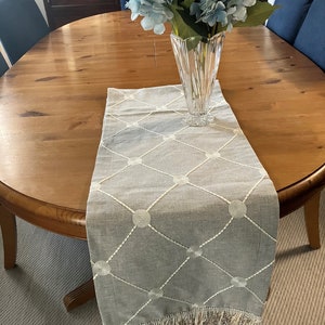Grey Linen Table Runner, Grey and Cream Table Runner, Fringed Table ...