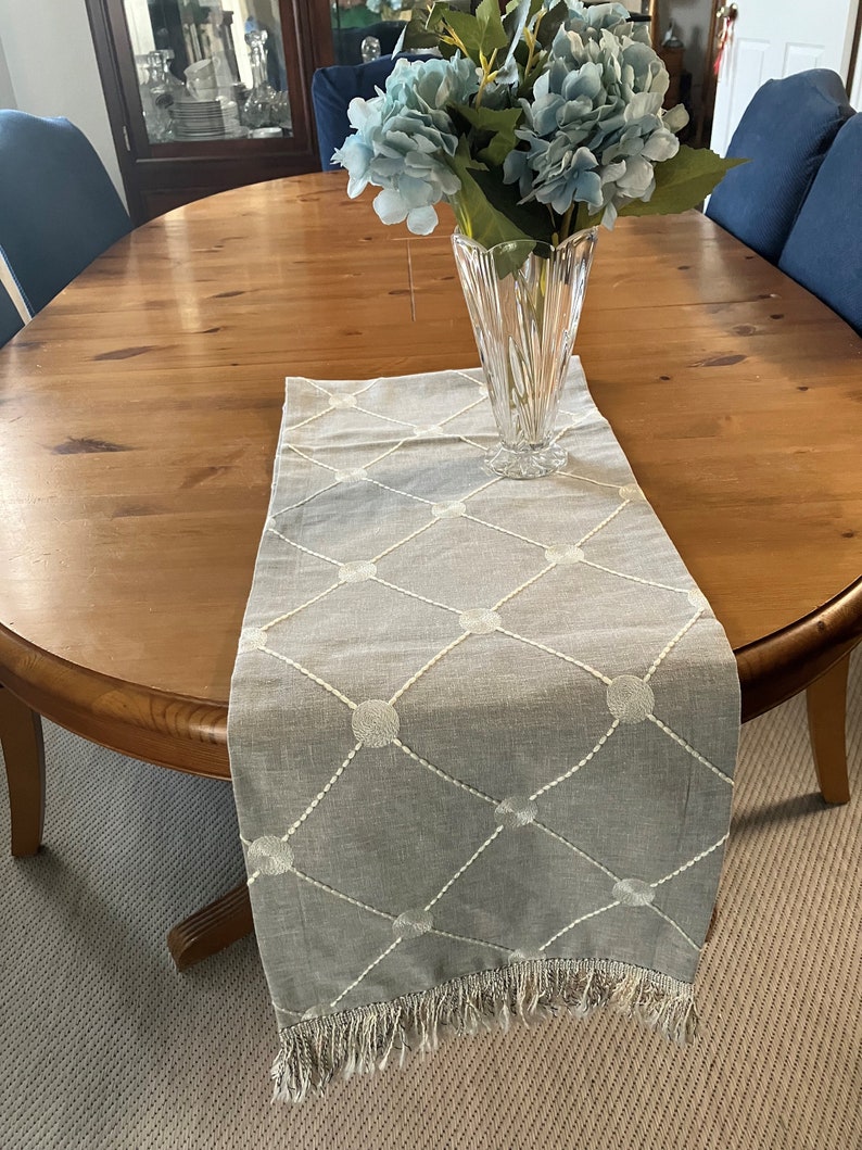 Grey Linen Table Runner, Grey and Cream Table Runner, Fringed Table ...