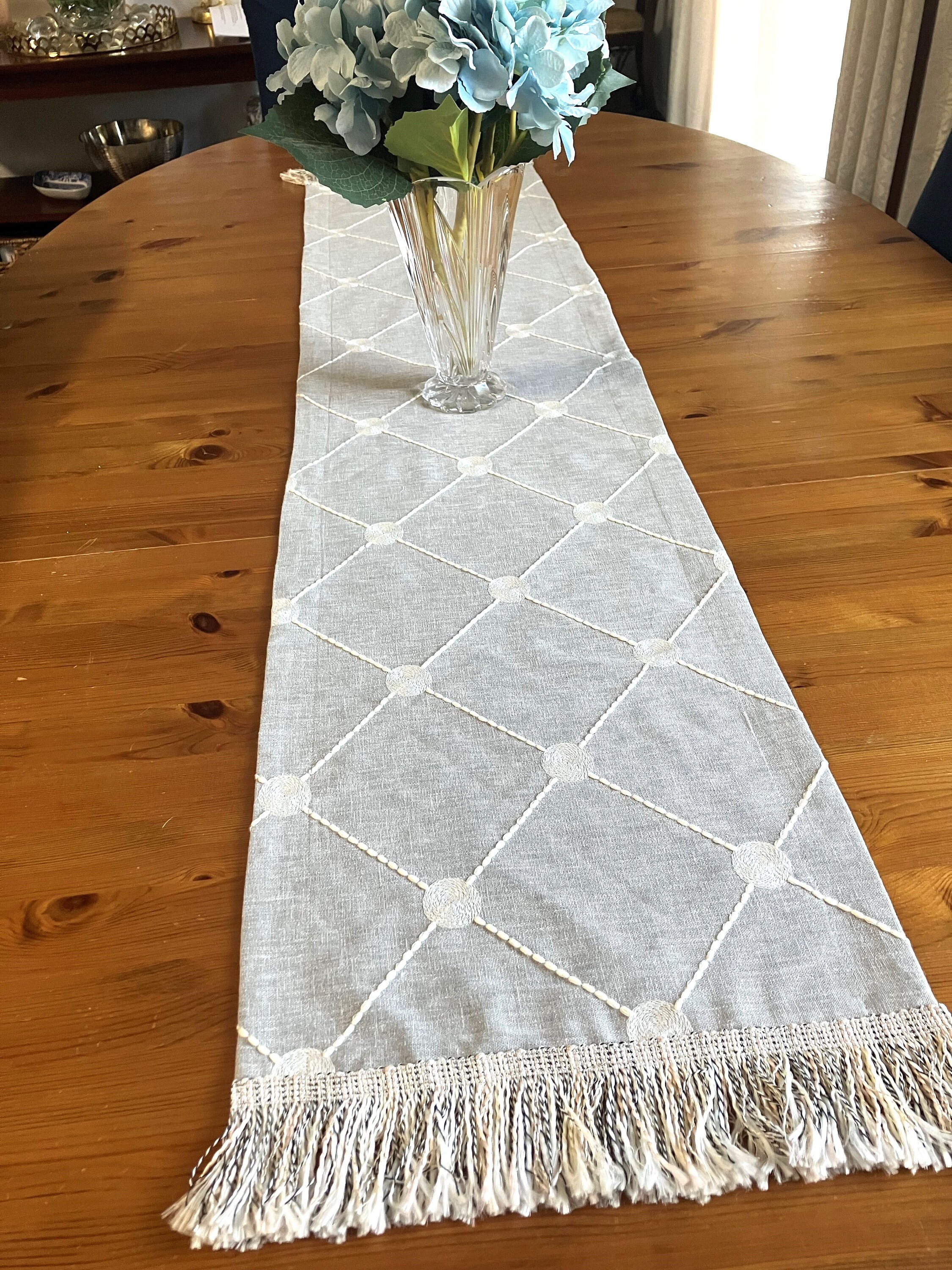 Grey Linen Table Runner, Grey and Cream Table Runner, Fringed Table ...