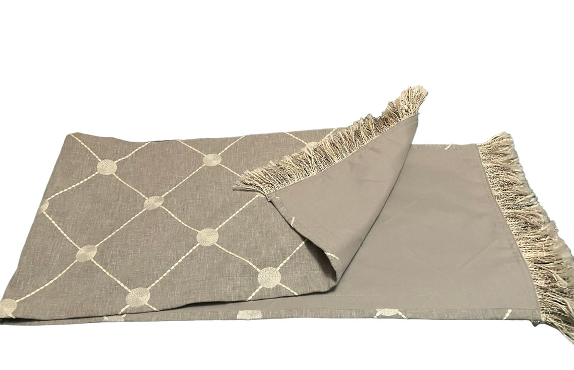 Grey Linen Table Runner, Grey and Cream Table Runner, Fringed Table ...