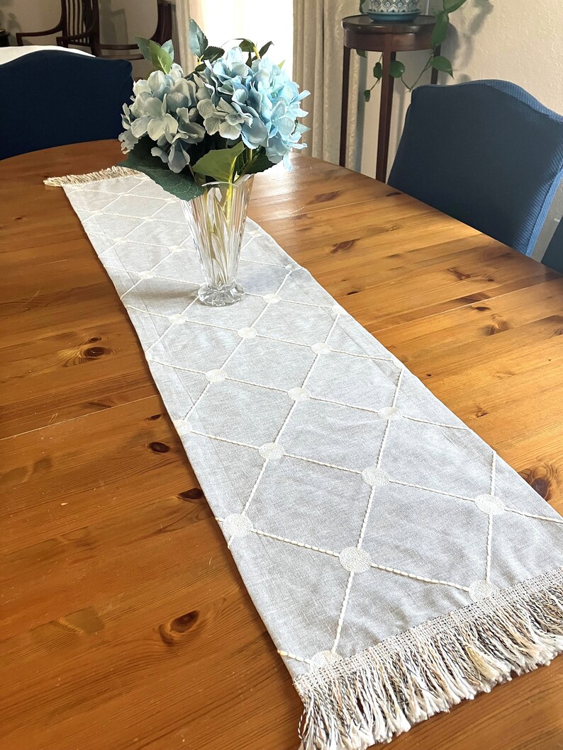 Grey Linen Table Runner, Grey and Cream Table Runner, Fringed Table ...