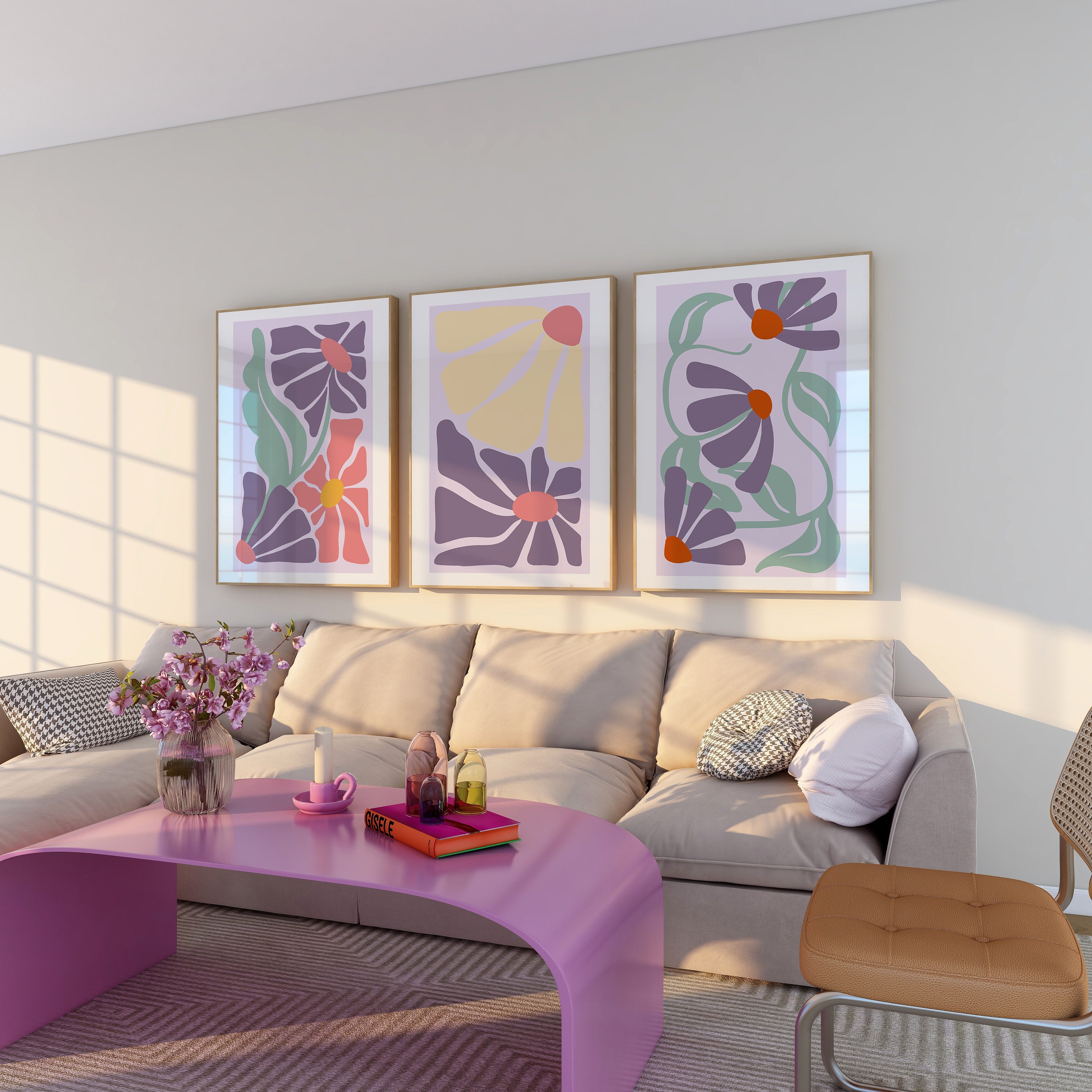 Girly Wall Art Pastel Pink Floral Gallery Wall Set Abstract Flowers ...