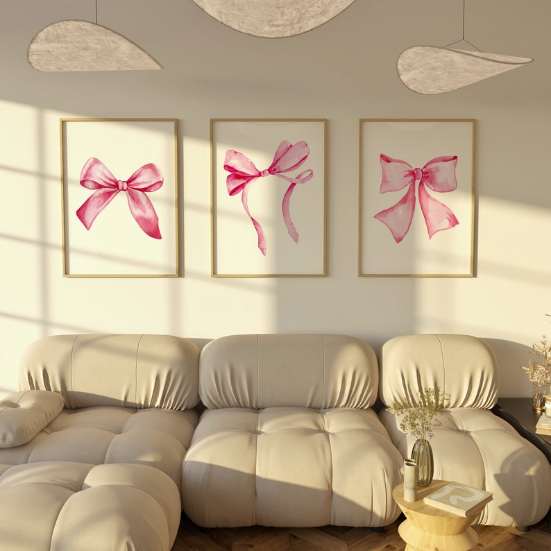 Trendy Pink Bows Wall Art Set of 3 Watercolor Bows Print Coquette Room ...