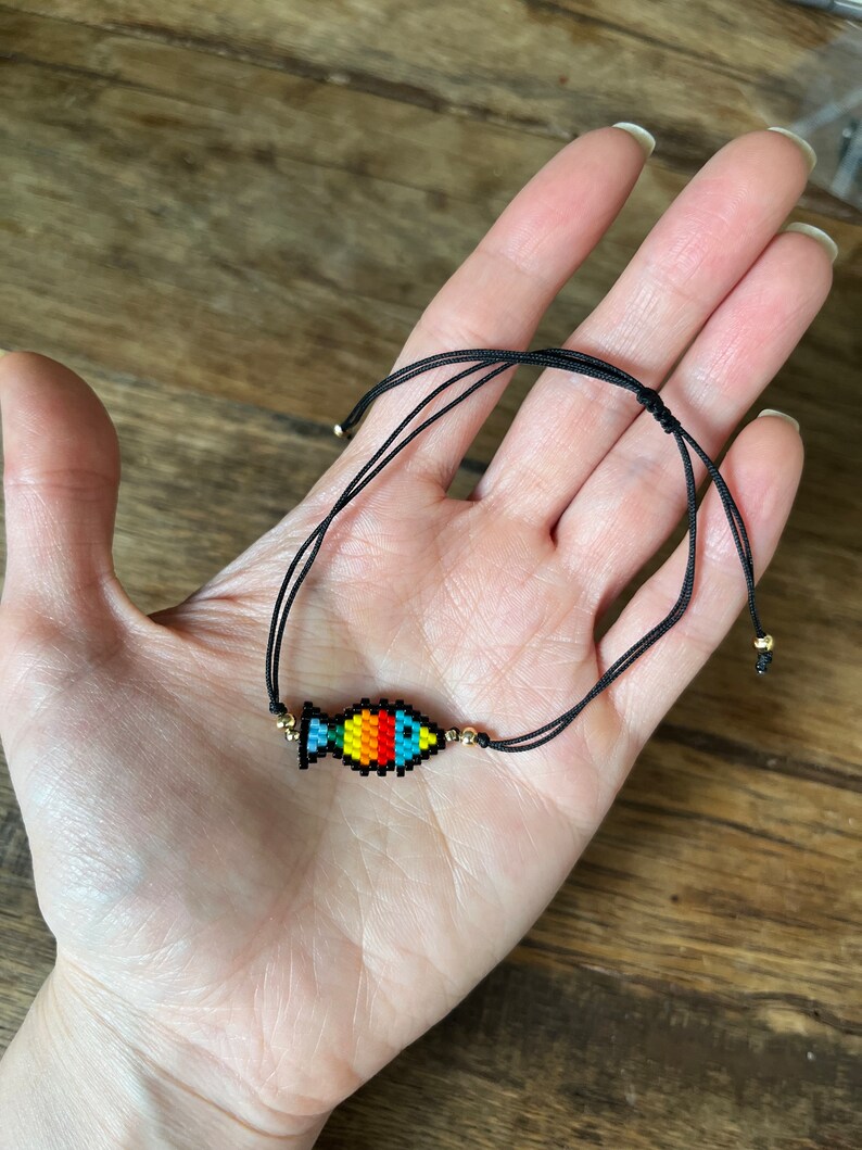 Colorful Seed Beaded Rainbow Fish Bracelet - Adjustable Tie Closure ...