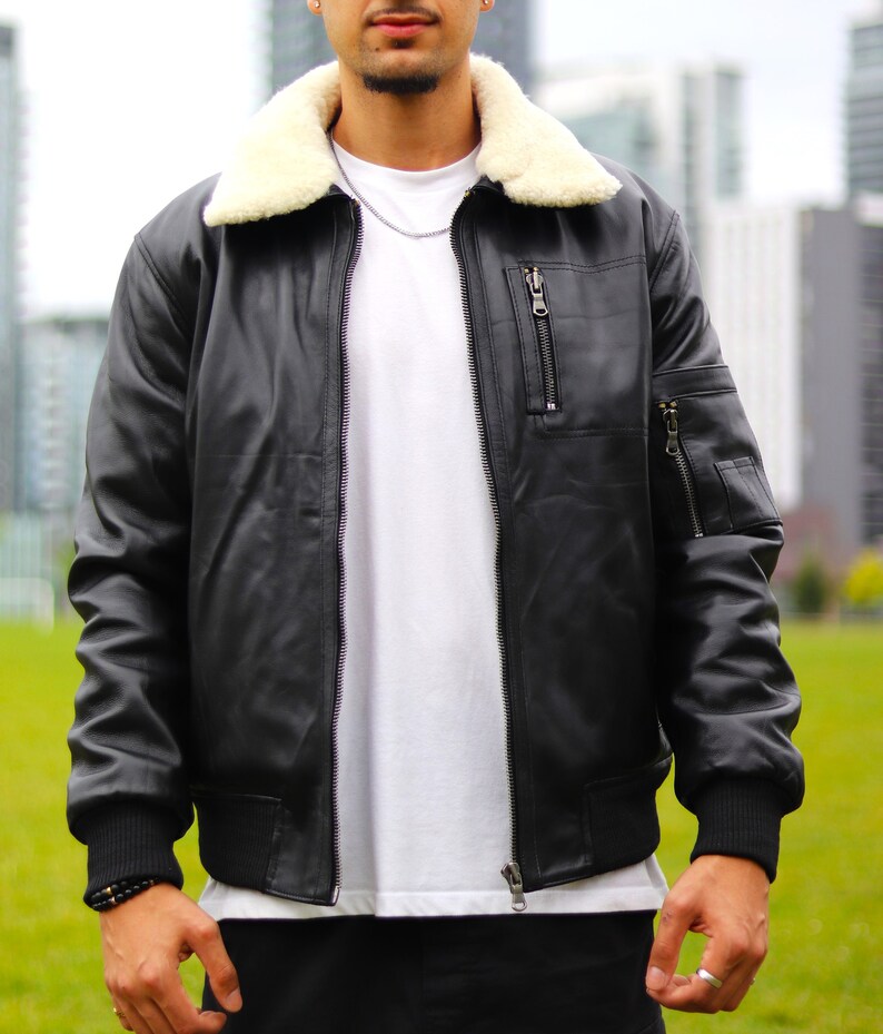 Aviator Black Leather Jacket Men Real Lamb Fur Bombardier Style Pilot ...
