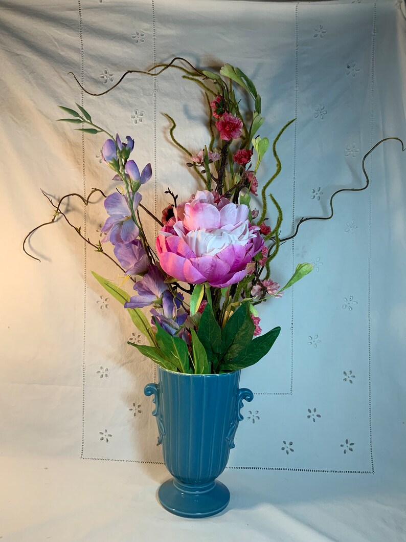 Red Wing Footed, Two- Handle Vase, Blue E Terror - Yellow Interior ...