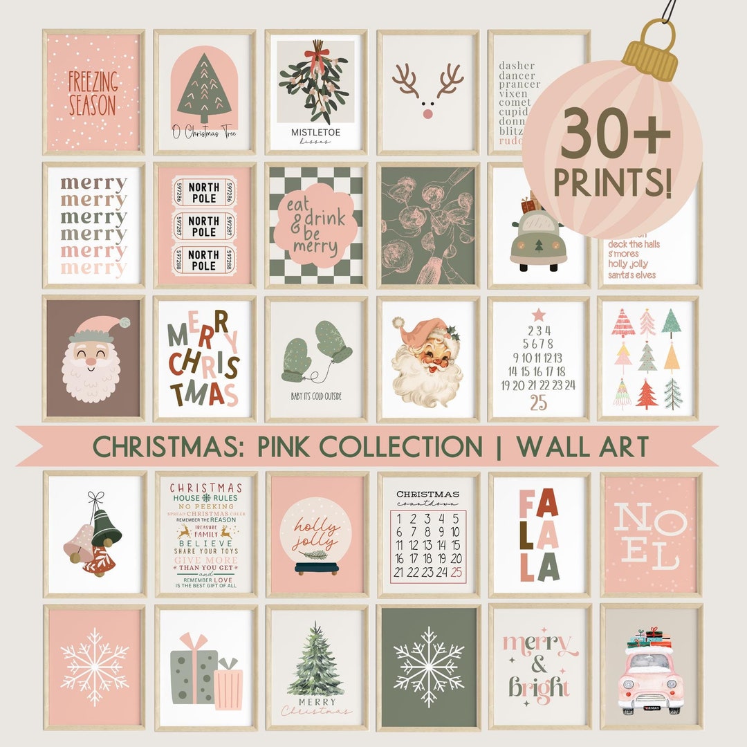 Set of 30 Pink Christmas Gallery Holiday Prints | Holiday Decor | Pink ...