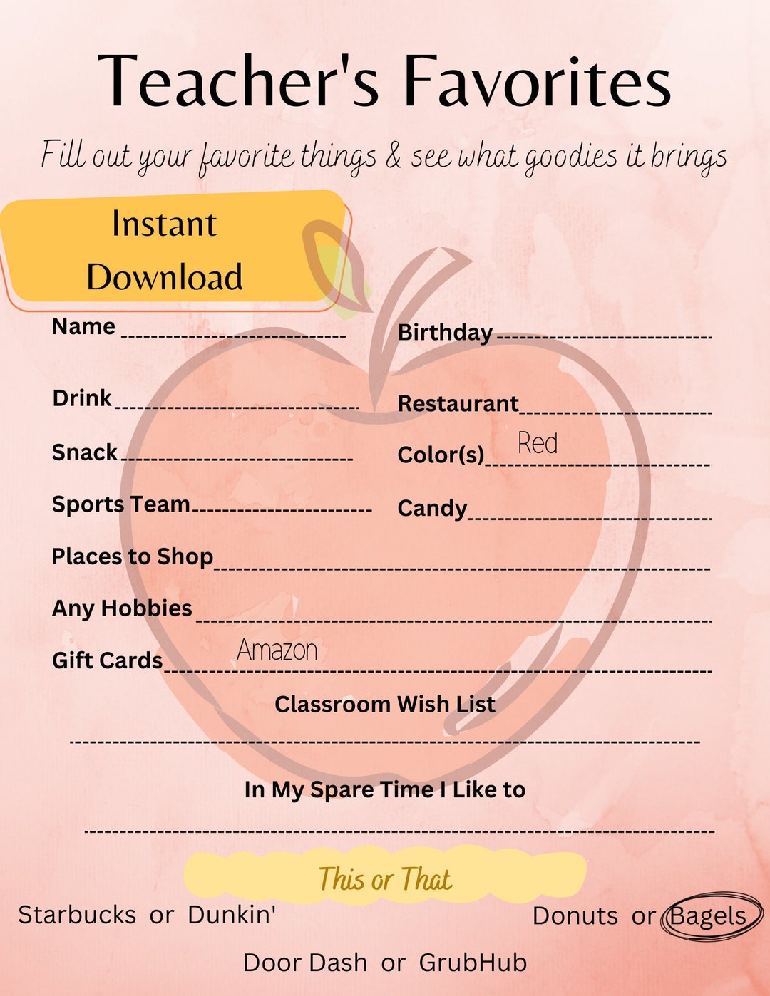 All About My Teacher/ Teacher Favorite Things / Teacher Appreciation - Etsy