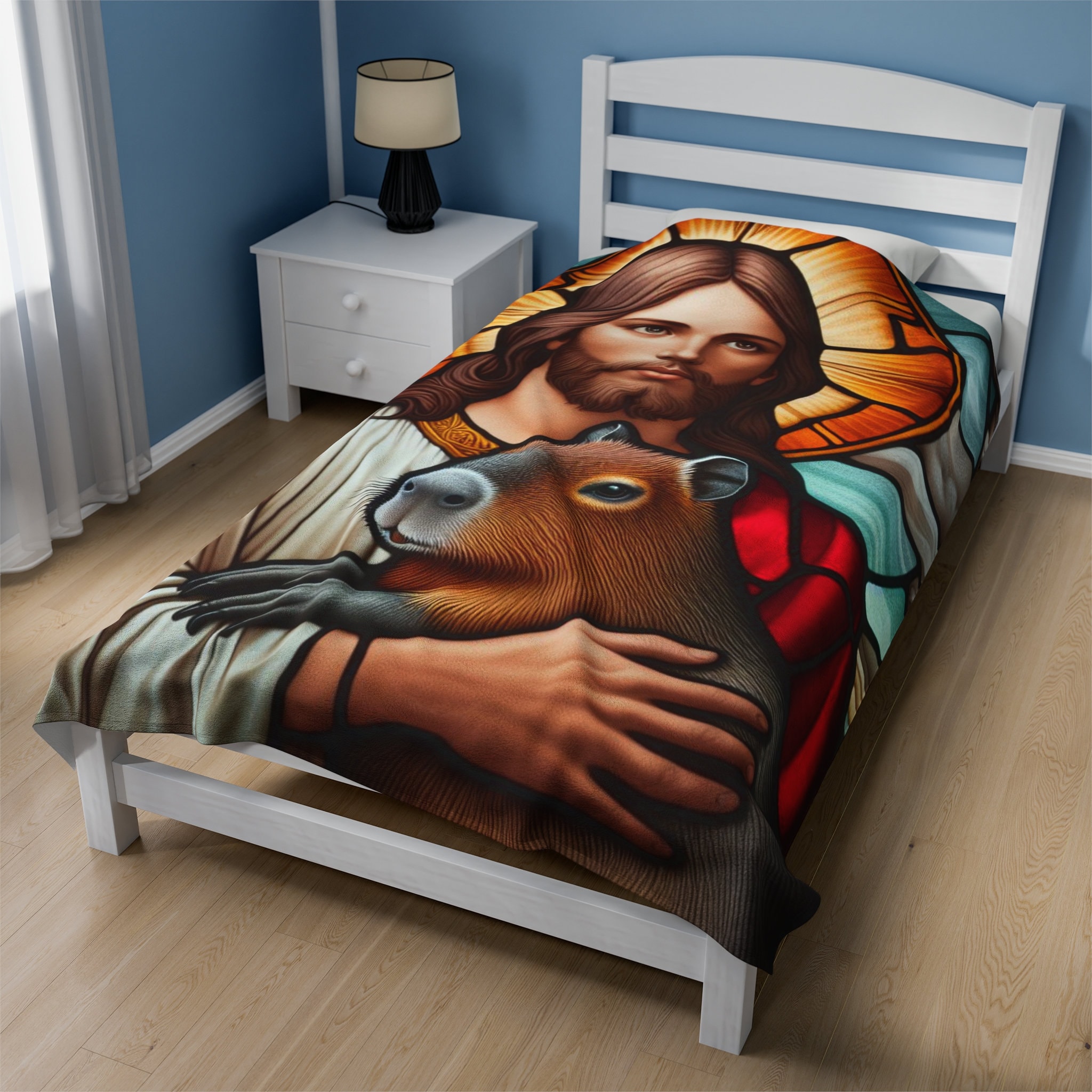 Stained Glass Art, Jesus Holding a Capybara, Capybara Velveteen Plush ...