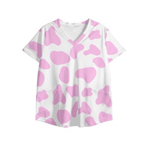 Pink Cow Print Scrubs Strawbery Cow Print Nursing Scrub Top - Etsy