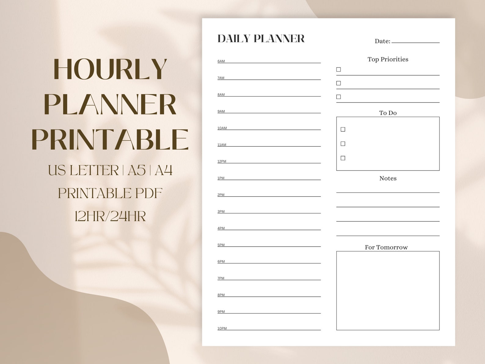 Hourly Planner Printable, Minimalist Daily Schedule, A4/a5/letter, 12hr ...