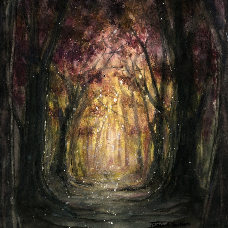 Glowing Path Watercolor Woods Scene Print Etsy