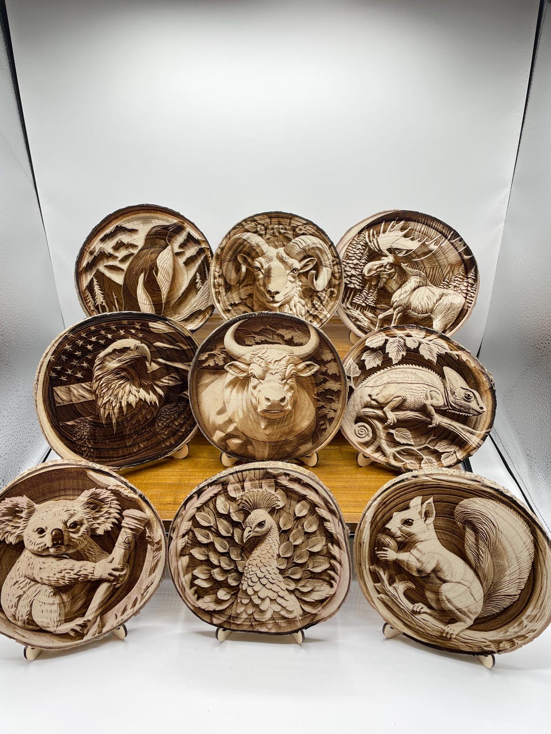 Laser Engraved Animals on Wood Rounds ~live Edge Engraved Animals on ...